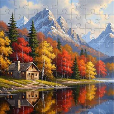 Contrast Mountain Landscape. Cabin, Autumn, and Snow-Capped Mountains ...